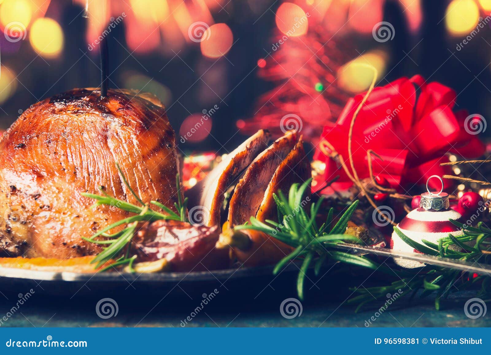 Festive Christmas Table with Backed Ham and Decoration Stock Image ...