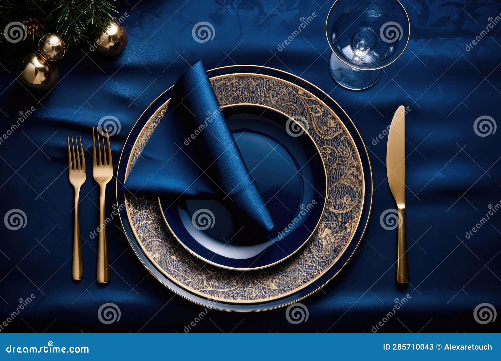 Festive Christmas Table Setting on Blue Background .top View Stock ...