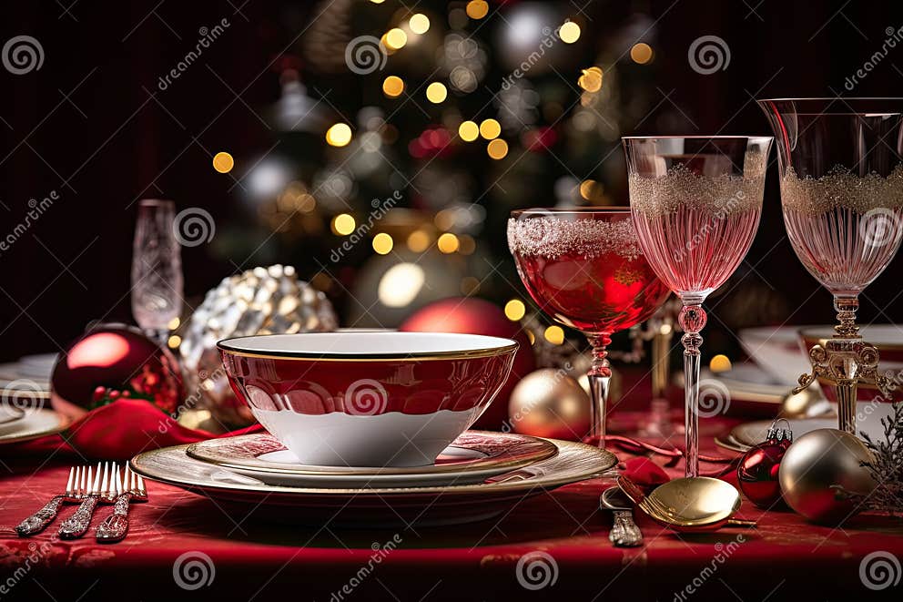 Festive Christmas Table Setting for Party. Christmas Tree Stock ...