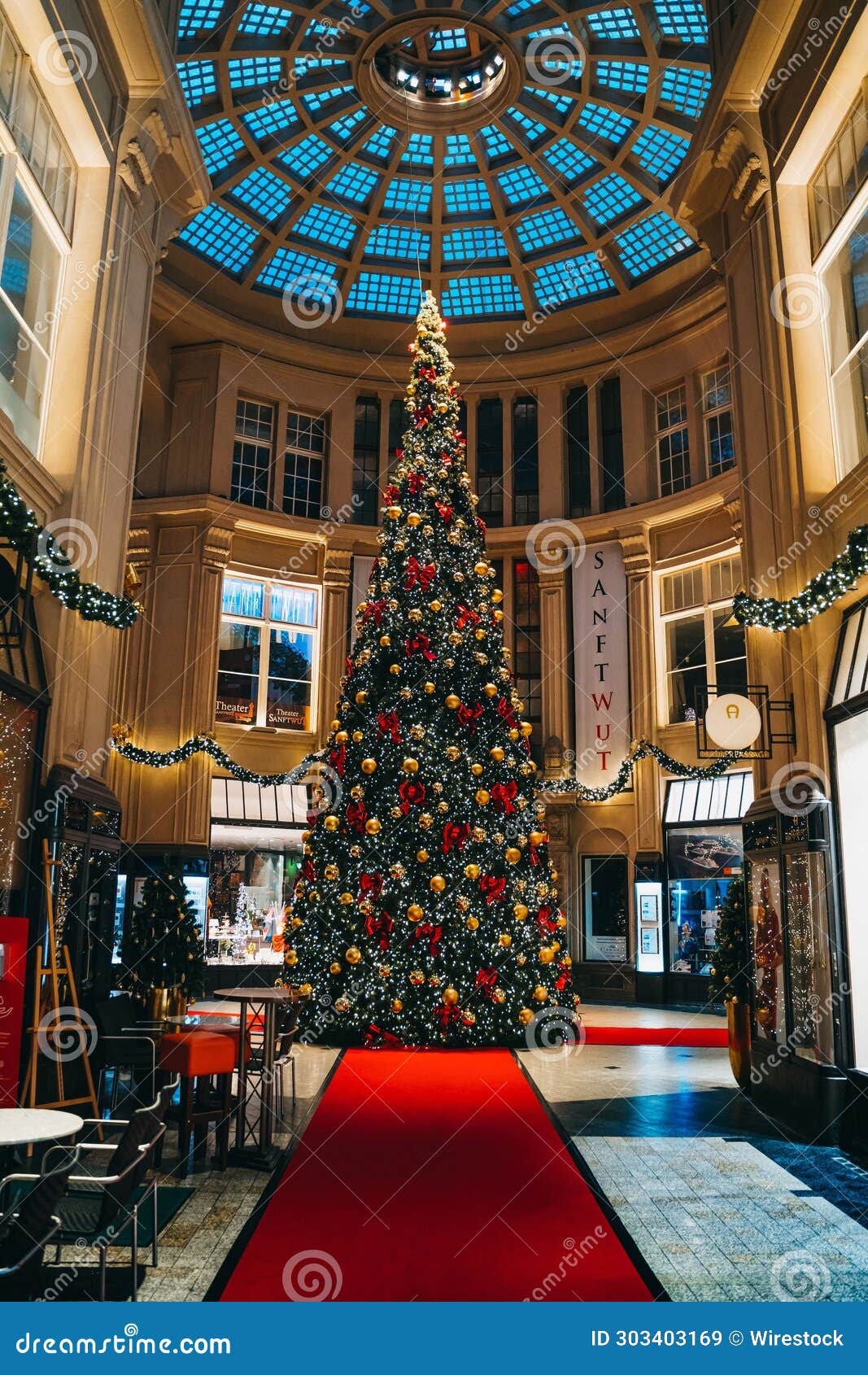 Christmas Tree Inside a Building with a Blue Dome Roof Above it ...