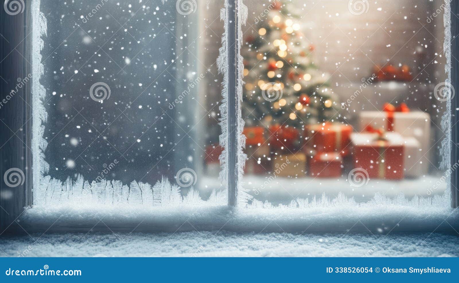 Festive Christmas Tree and Gifts Viewed through Snowy Window Stock ...