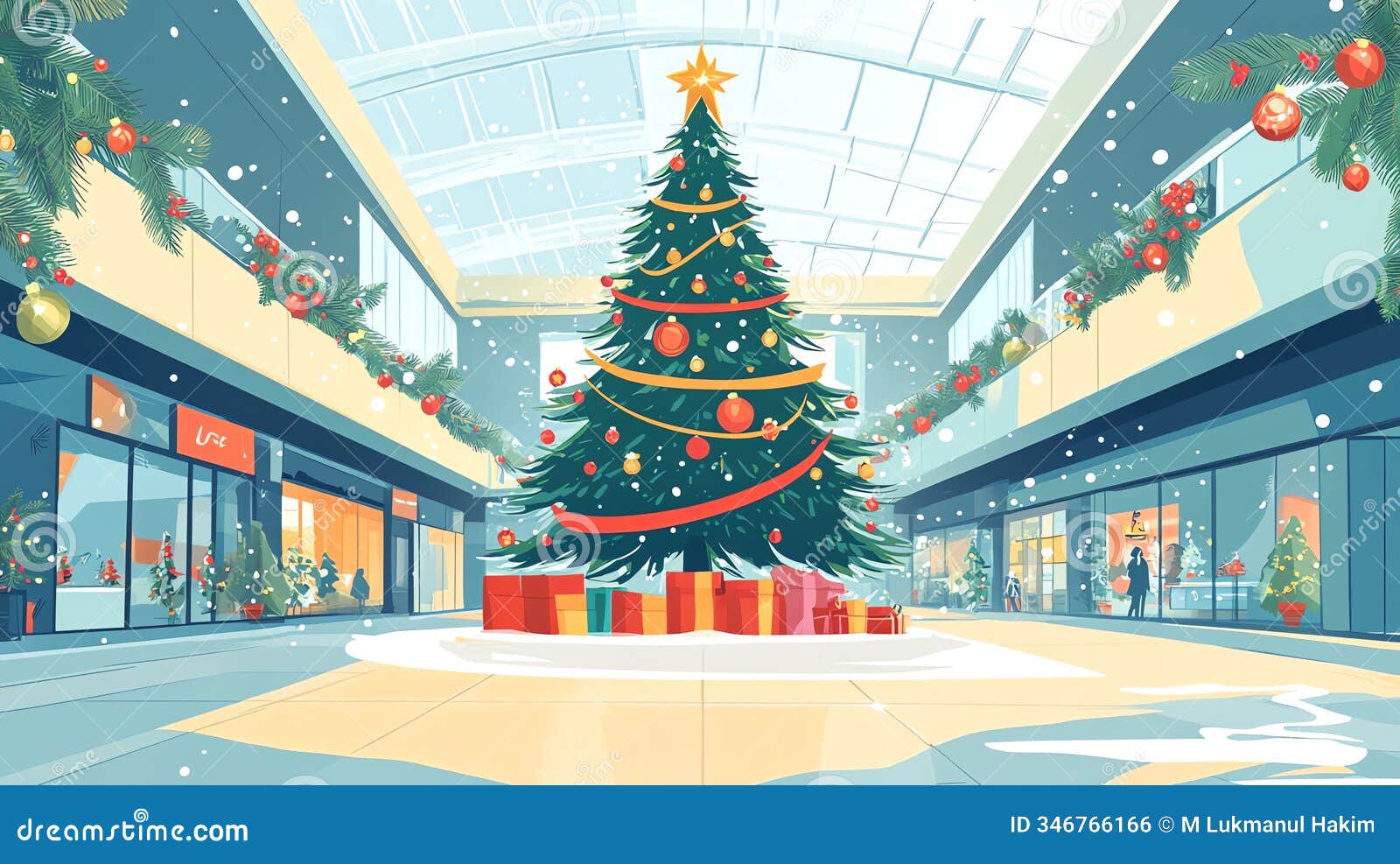 Festive Christmas Tree in a Mall Atrium Stock Photo - Image of heart ...