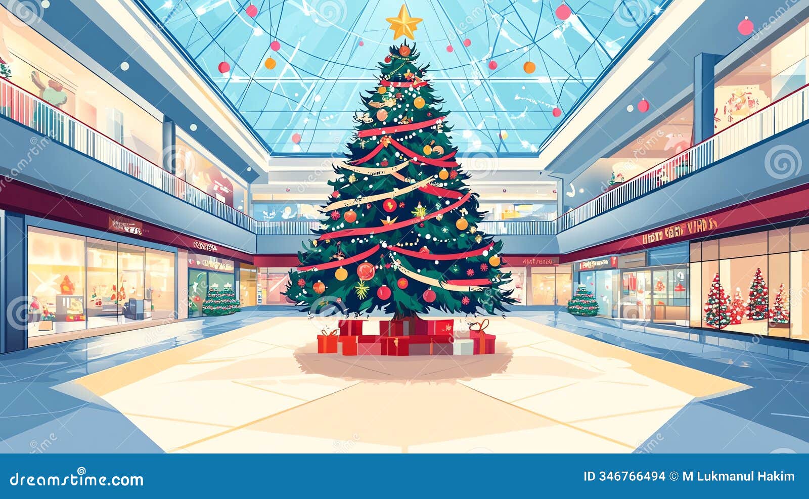 Festive Christmas Tree in a Mall Atrium Stock Photo - Image of heart ...