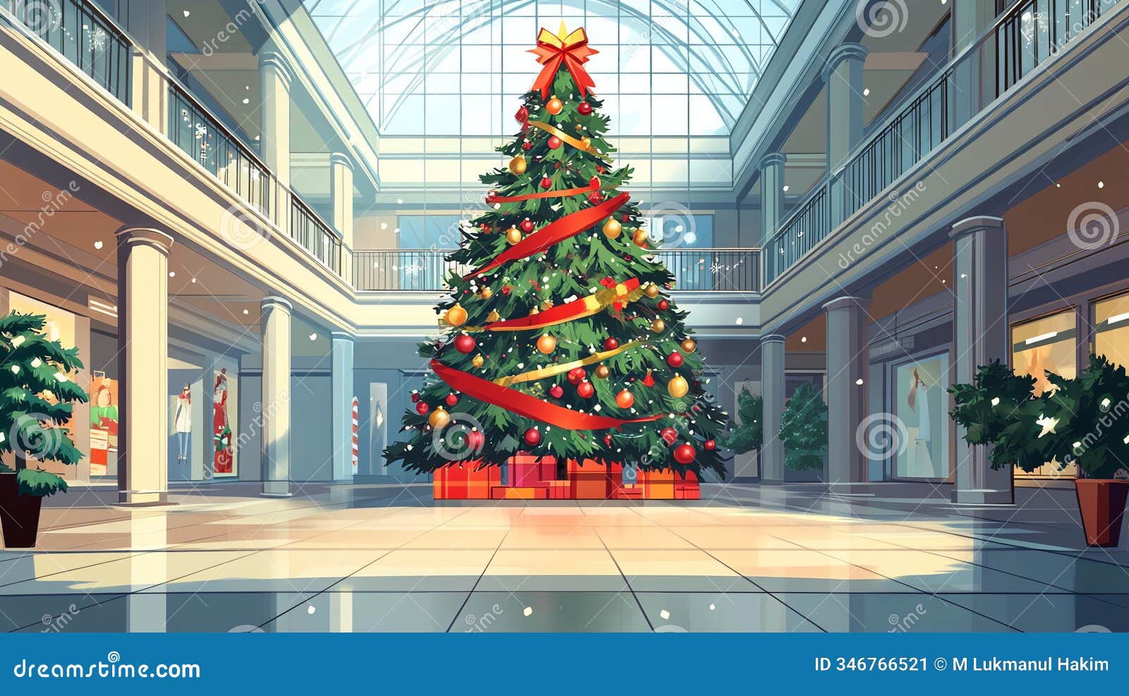 Festive Christmas Tree in a Mall Atrium Stock Image - Image of cheerful ...