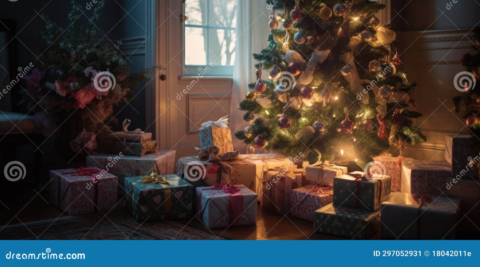 Festive Christmas Tree with Presents in Classic Interior, Evening ...