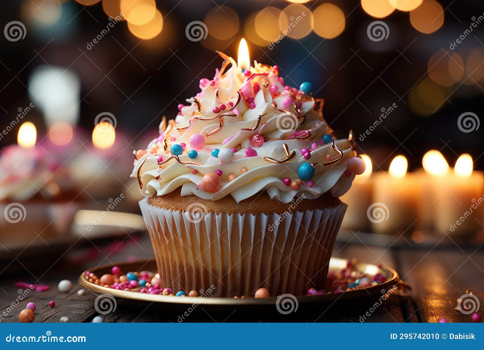 Festive Cupcake with Burning Candle. Generative AI Stock Photo - Image ...