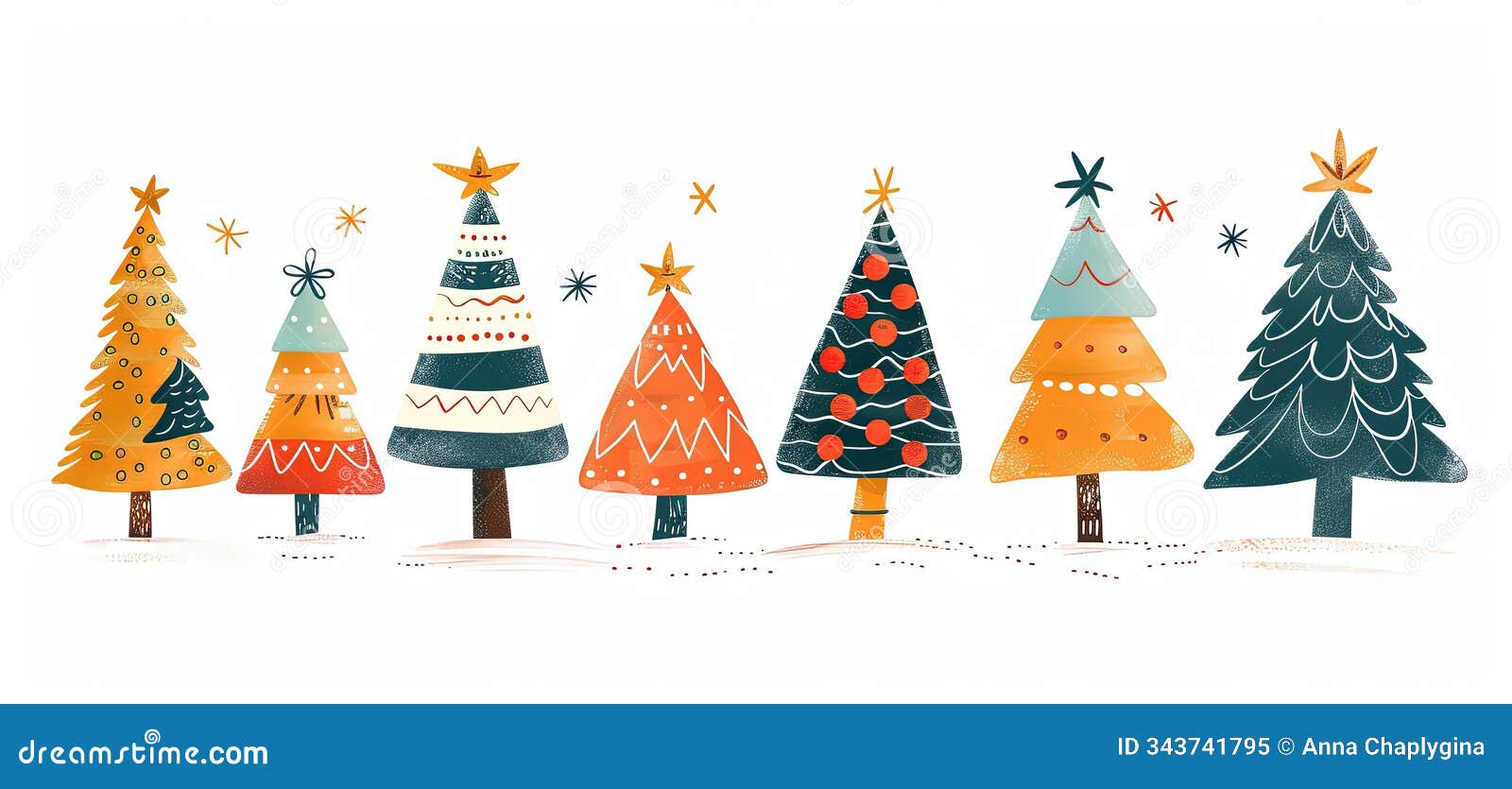 Festive Cute Christmas Trees with Colorful Patterns and Stars Stock ...