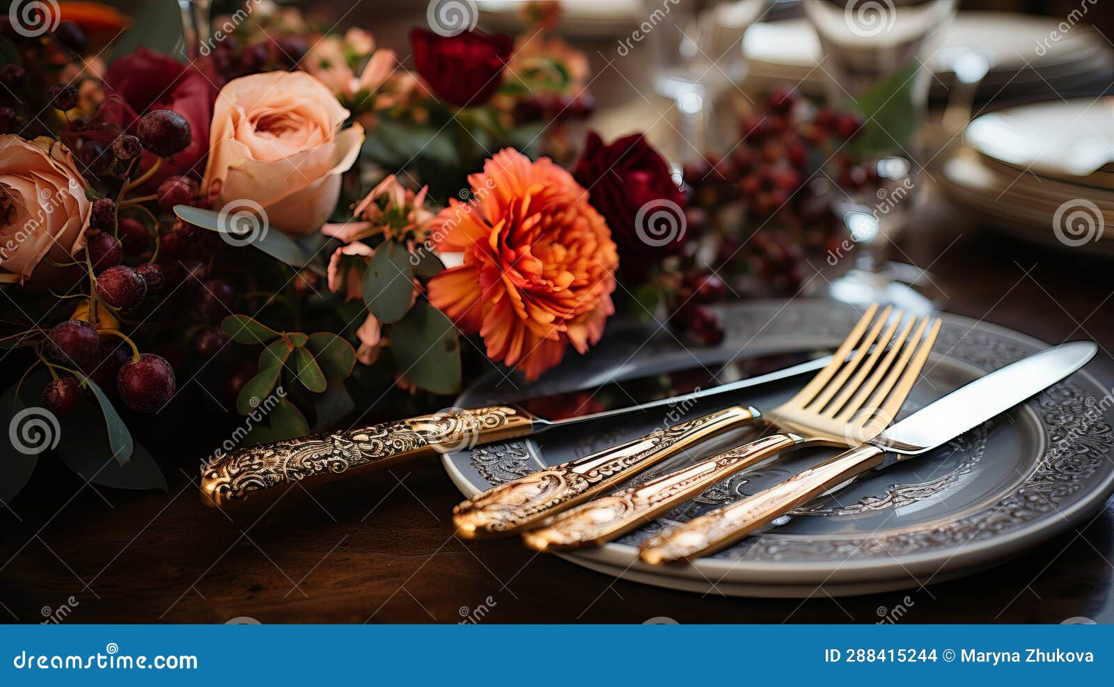 Festive Cutlery on the Table with Flowers and Decorative Elements Stock ...