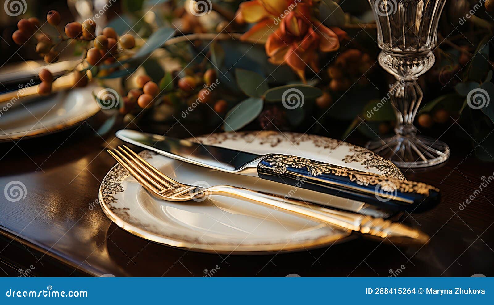 Festive Cutlery on the Table with Flowers and Decorative Elements Stock ...
