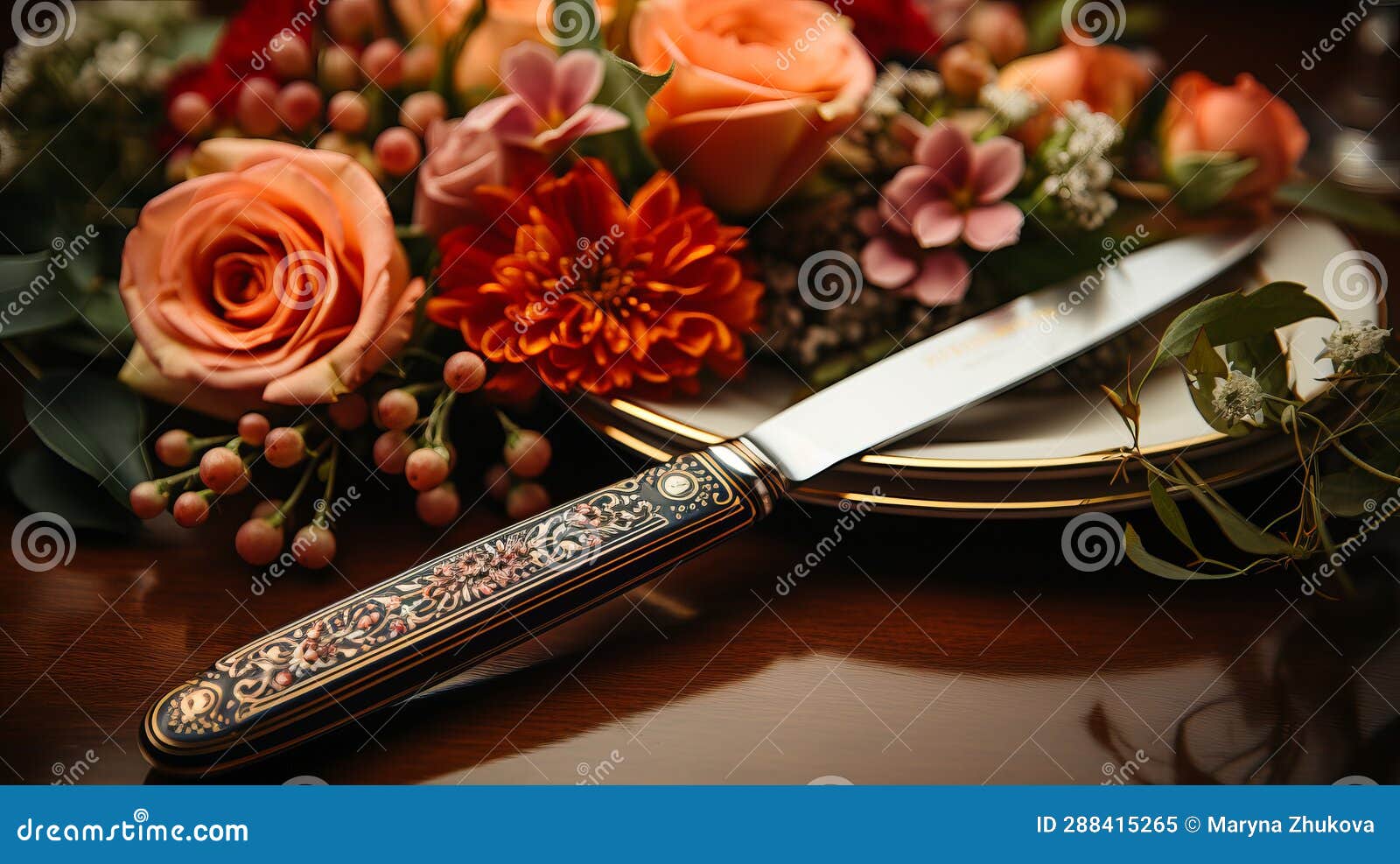 Festive Cutlery on the Table with Flowers and Decorative Elements Stock ...