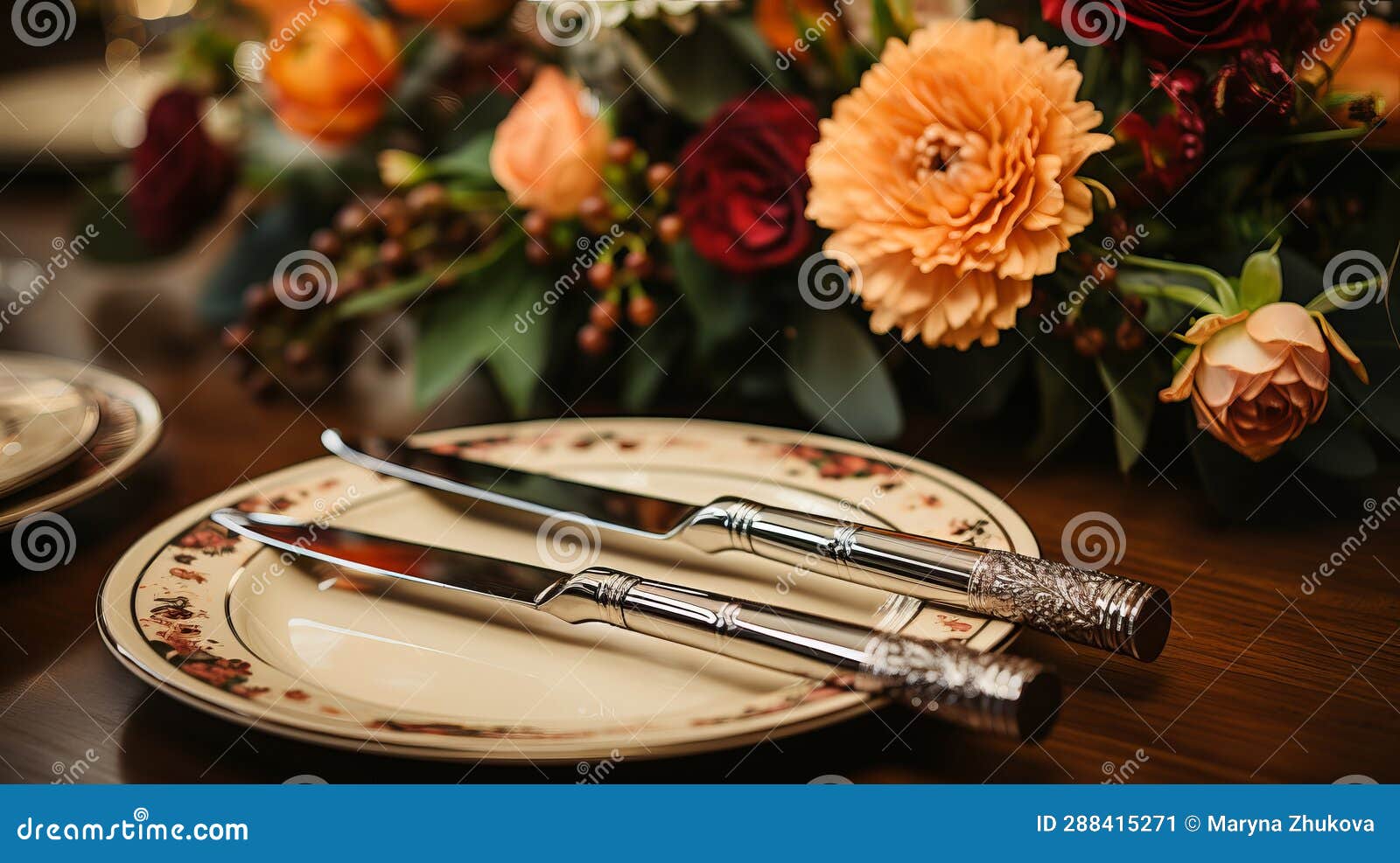 Festive Cutlery on the Table with Flowers and Decorative Elements Stock ...