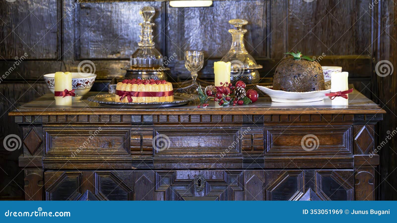 Festive Dessert Display on an Antique Wooden Sideboard Stock Image ...
