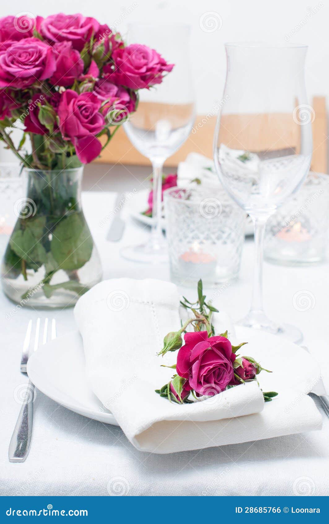 Festive Dining Table Setting with Pink Roses Stock Photo - Image of ...