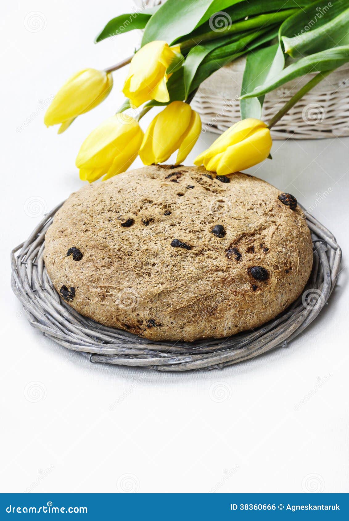 Festive Easter Bread and Bouquet of Beautiful Yellow Tulips Stock Photo ...