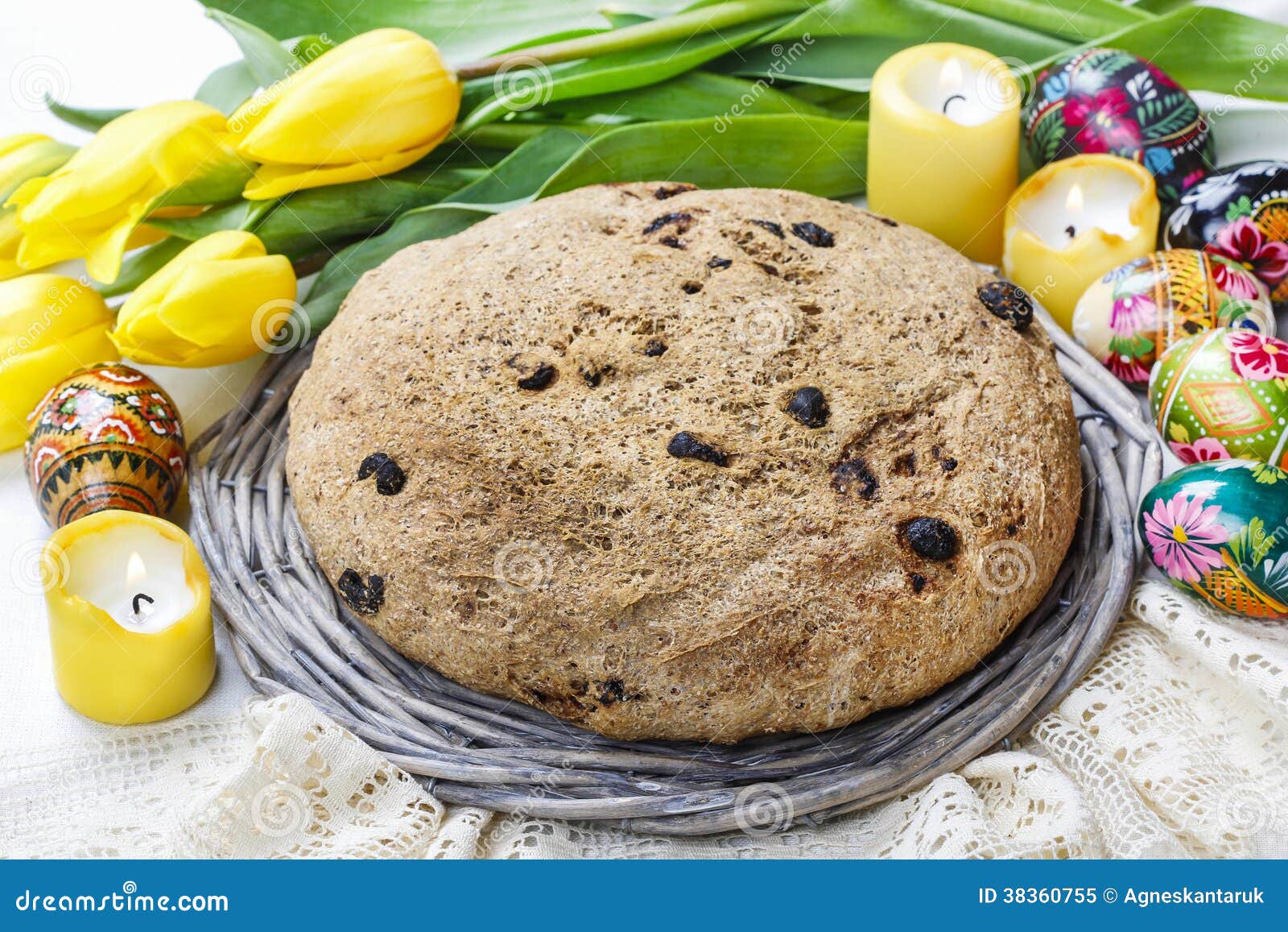 Festive Easter Bread and Bouquet of Beautiful Yellow Tulips Stock Image ...