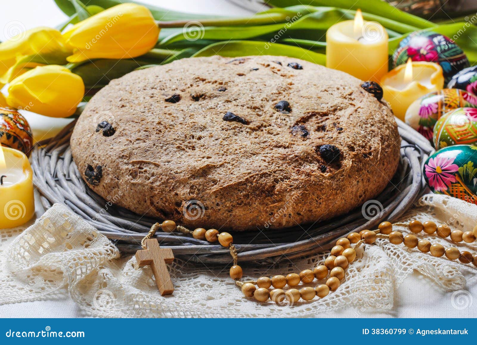 Festive Easter Bread and Bouquet of Beautiful Yellow Tulips Stock Image ...
