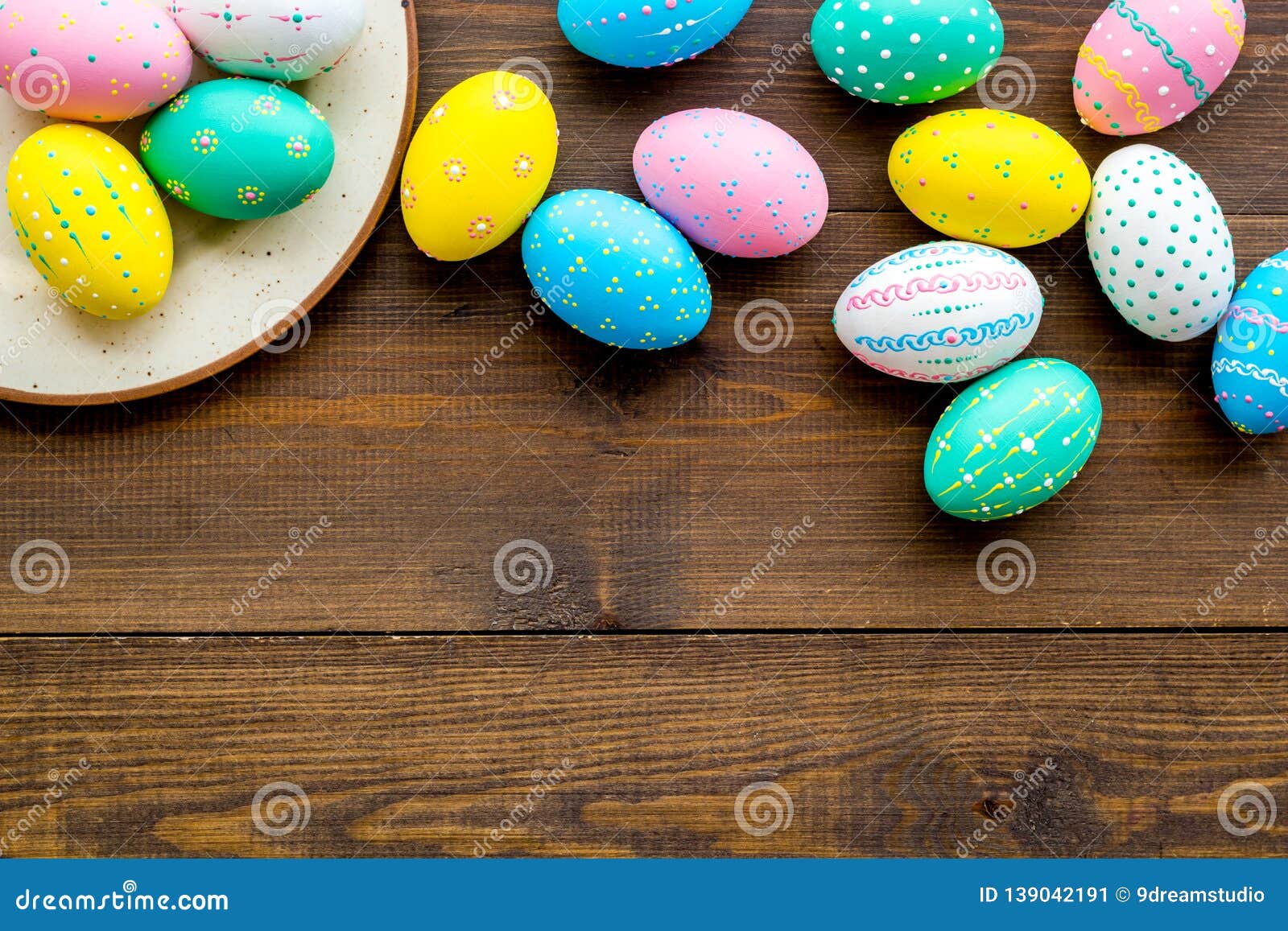 Festive Easter Table. Colorful Easter Eggs on Plate on Dark Wooden ...