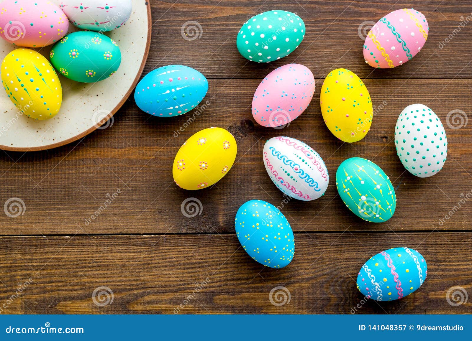 Festive Easter Table. Colorful Easter Eggs on Plate on Dark Wooden ...