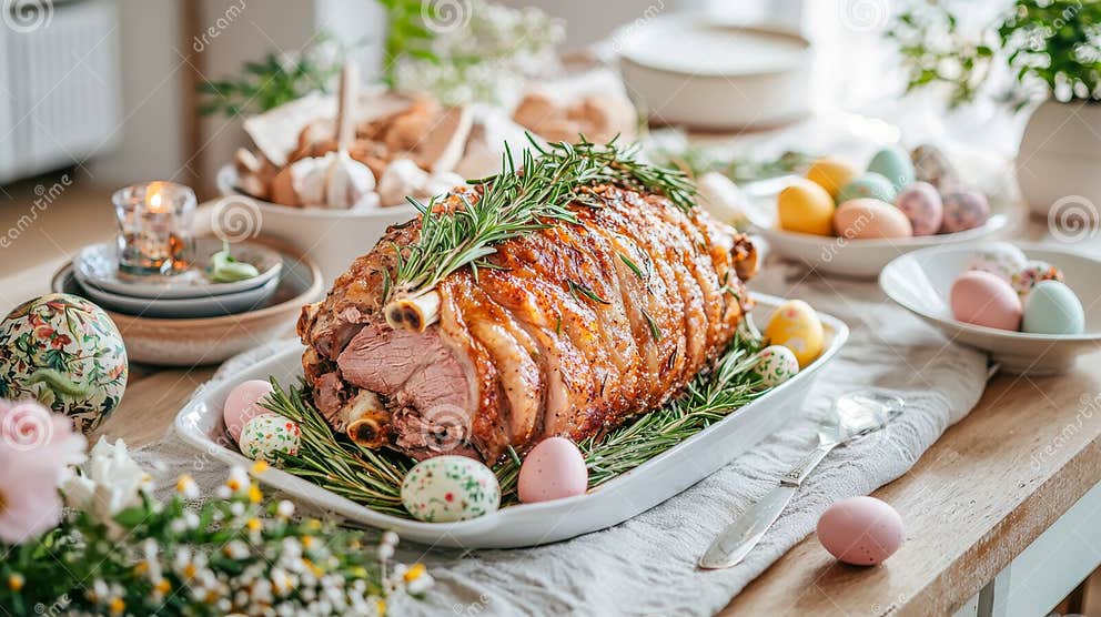 Festive Easter Table with Roasted Ham and Colorful Eggs - Celebratory ...