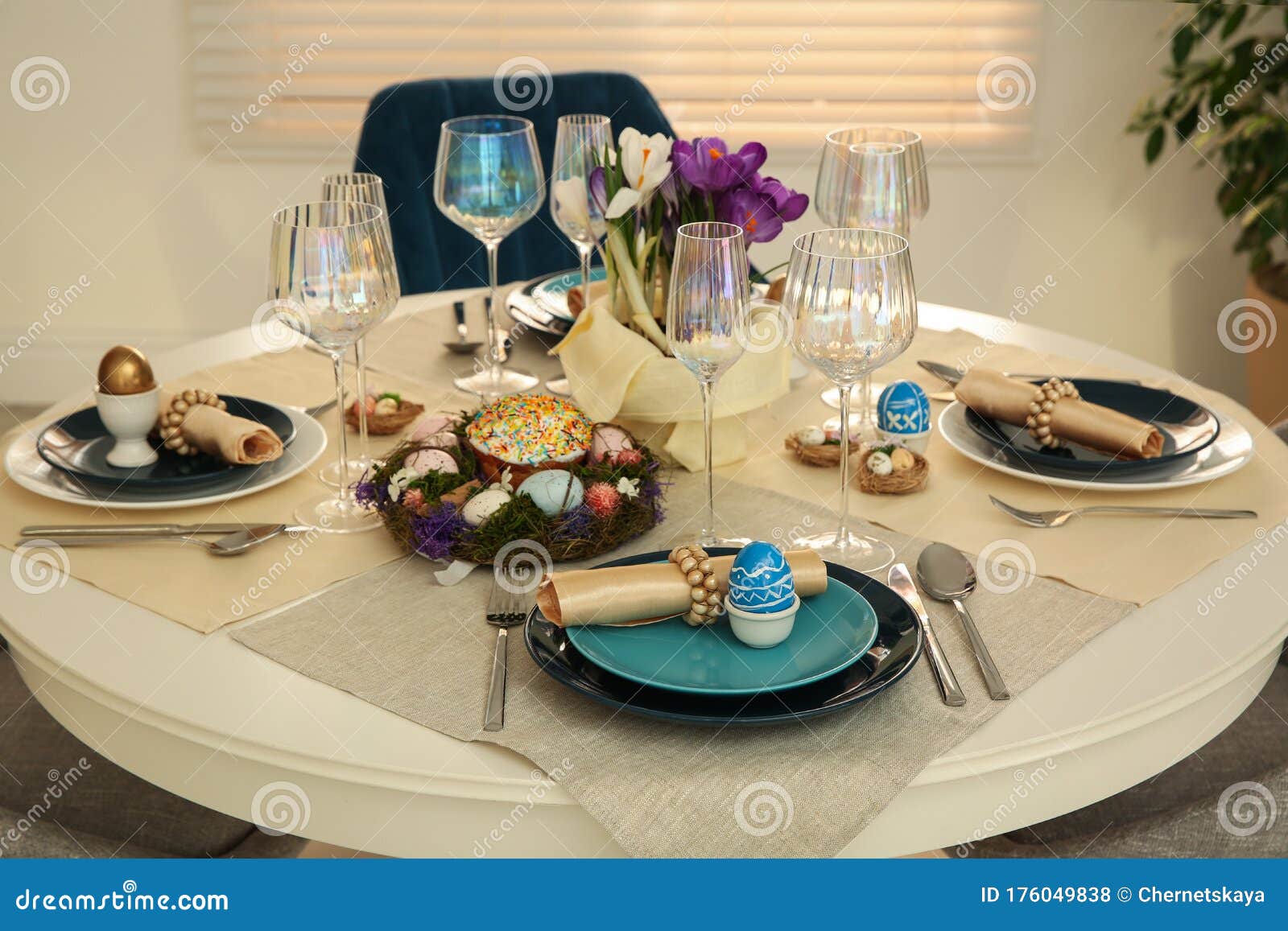 Festive Easter Table Setting with Decorated Eggs Stock Photo - Image of ...