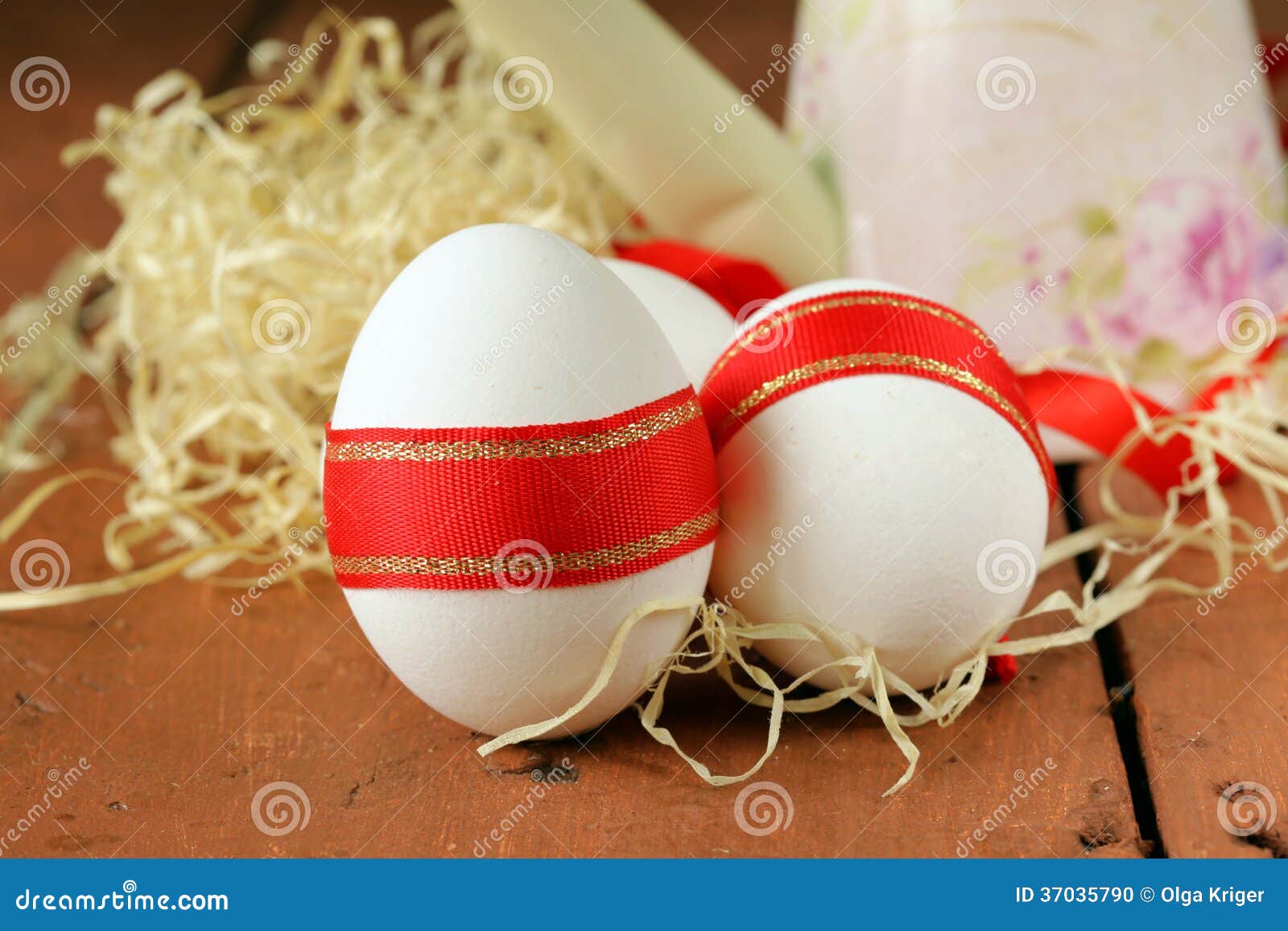 Festive Eggs Decorated with Red Ribbon - Symbol of Easter Stock Photo ...