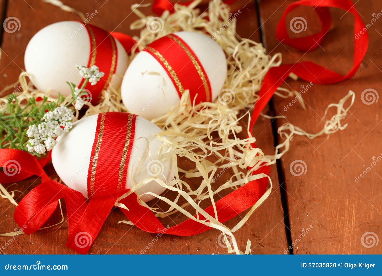Festive Eggs Decorated with Red Ribbon - Symbol of Easter Stock Photo ...