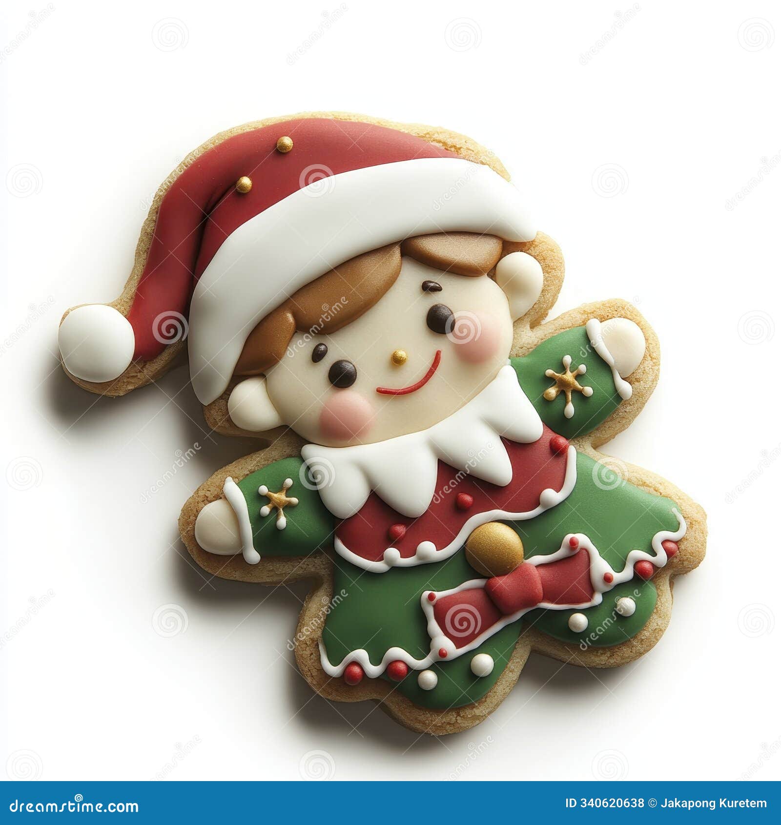 Festive Elf Shaped Cookie with Colorful Icing on White Background Stock ...