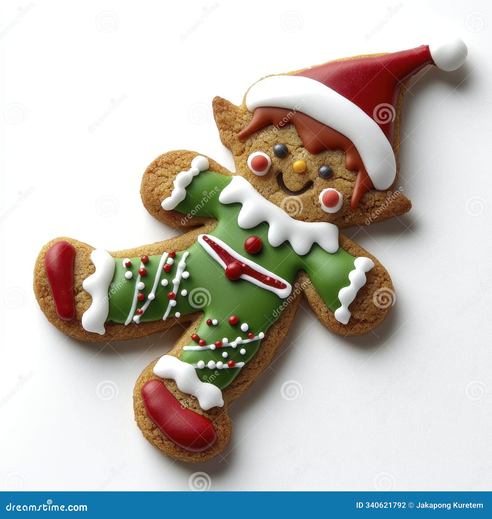 Festive Elf Shaped Cookie with Colorful Icing on White Background Stock ...