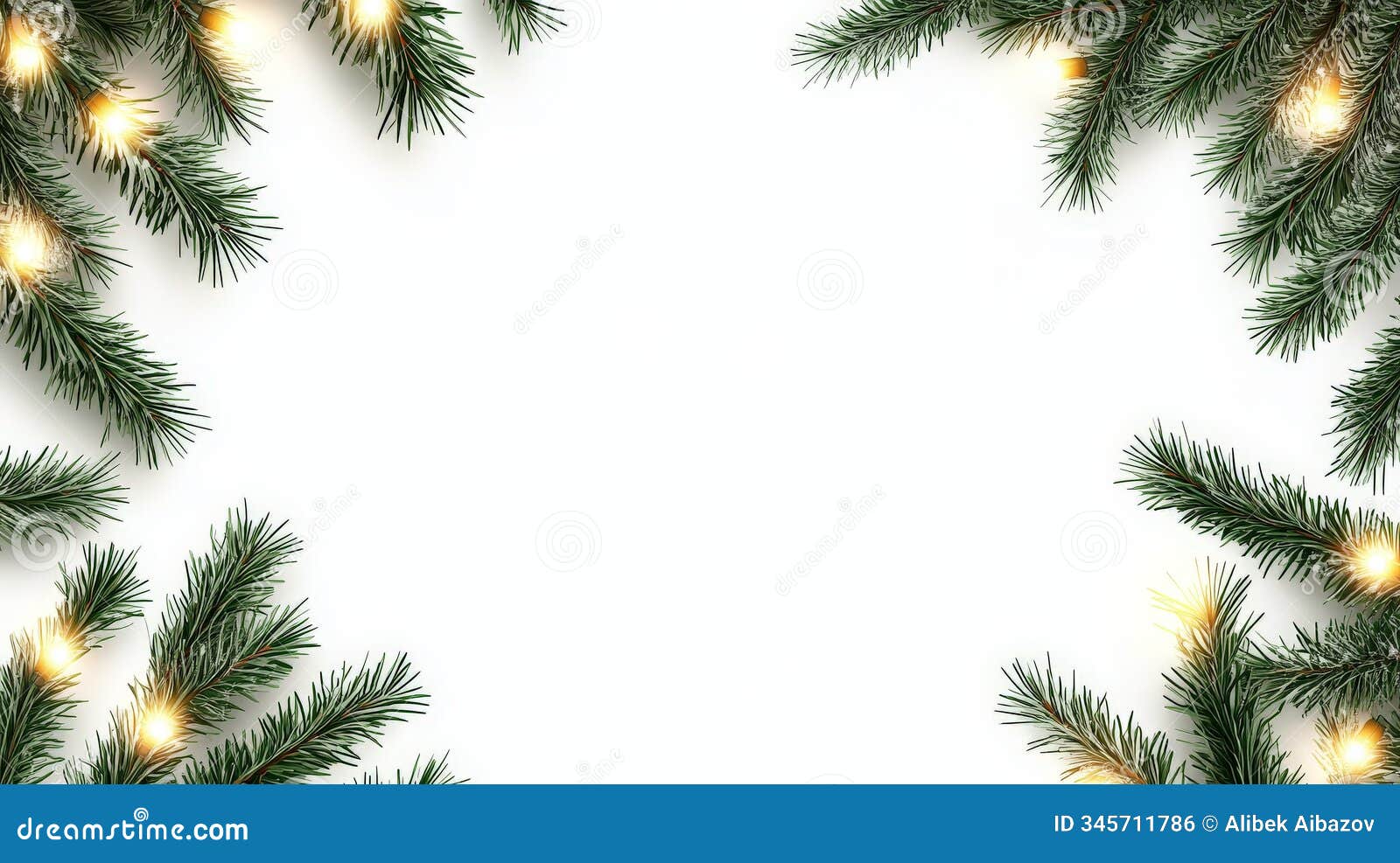 Festive Evergreen Border with Lights on White Background Stock ...