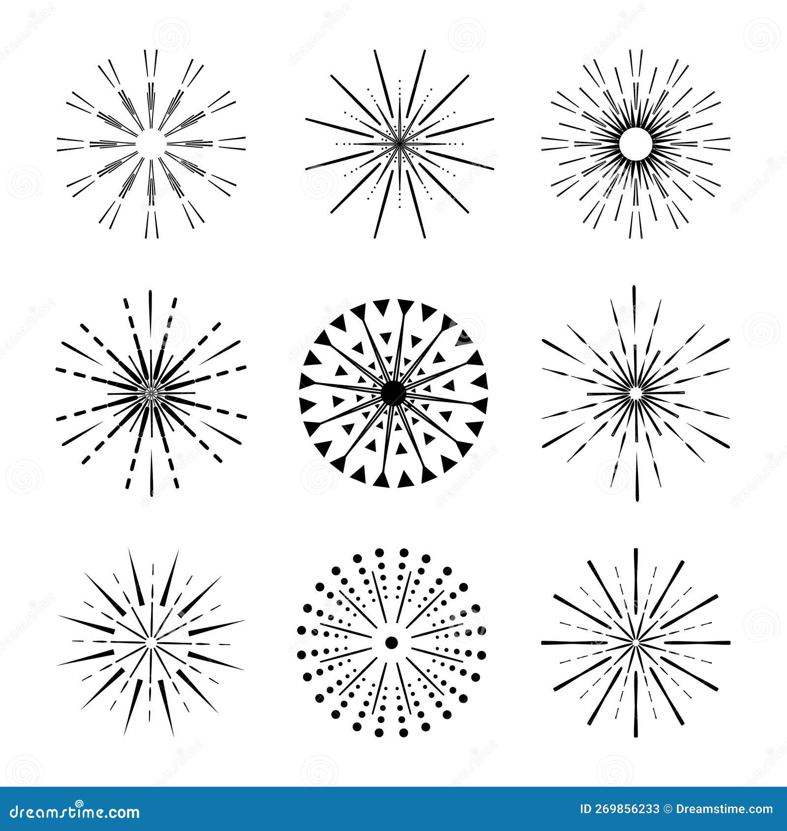 Festive Fireworks Black Lines Collection. Vector Set of Explosion Rays ...