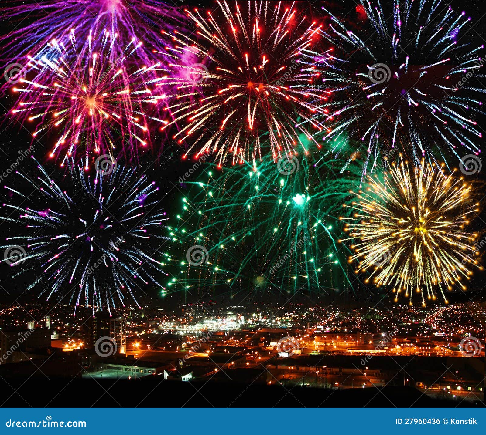 Festive Fireworks Over the Night City Stock Photo - Image of building ...