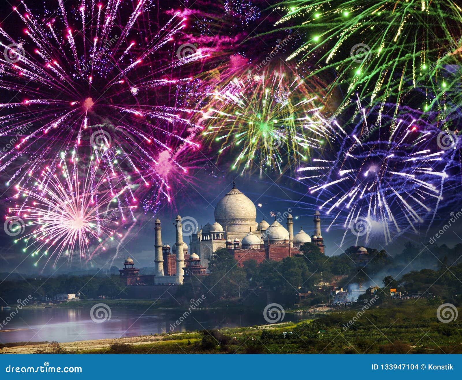 Festive Fireworks Over Taj Mahal, India Stock Photo - Image of ...
