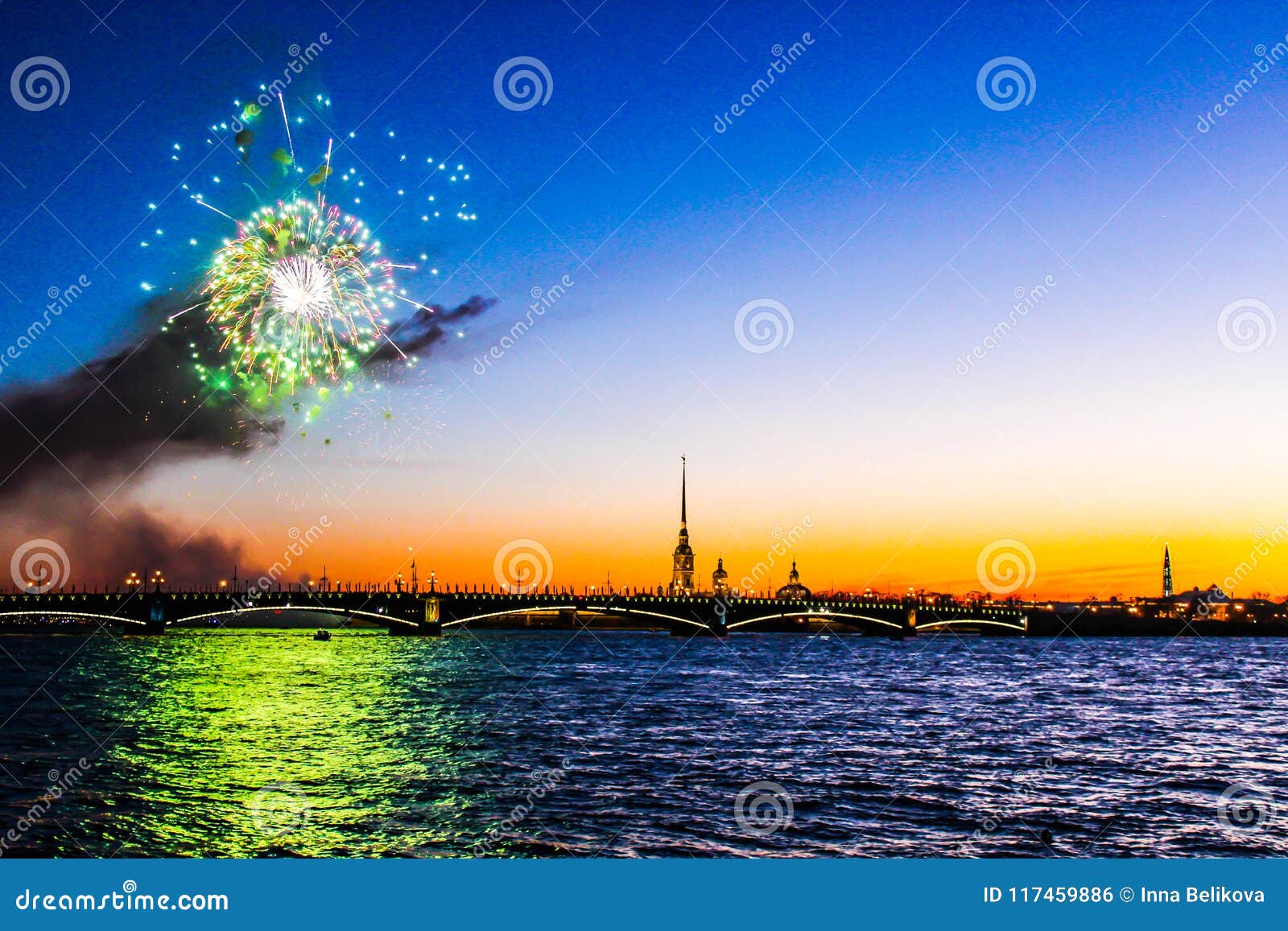 Festive Fireworks on the Waterfront at Sunset Stock Photo - Image of ...