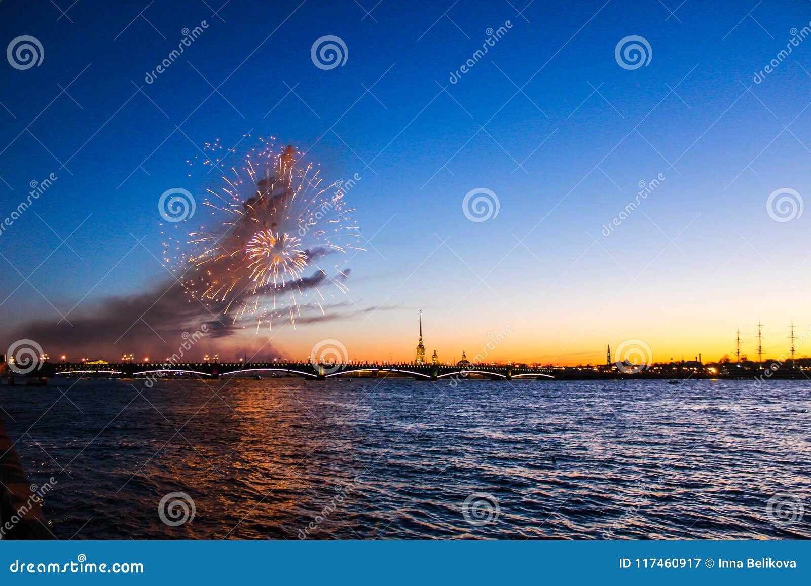 Festive Fireworks on the Waterfront at Sunset Stock Image - Image of ...