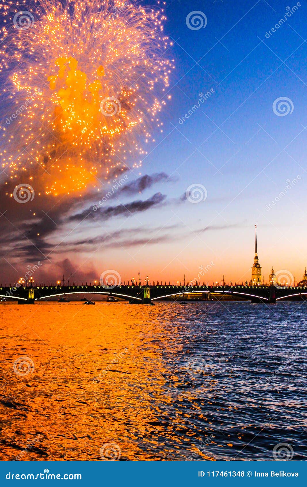 Festive Fireworks on the Waterfront at Sunset Stock Photo - Image of ...
