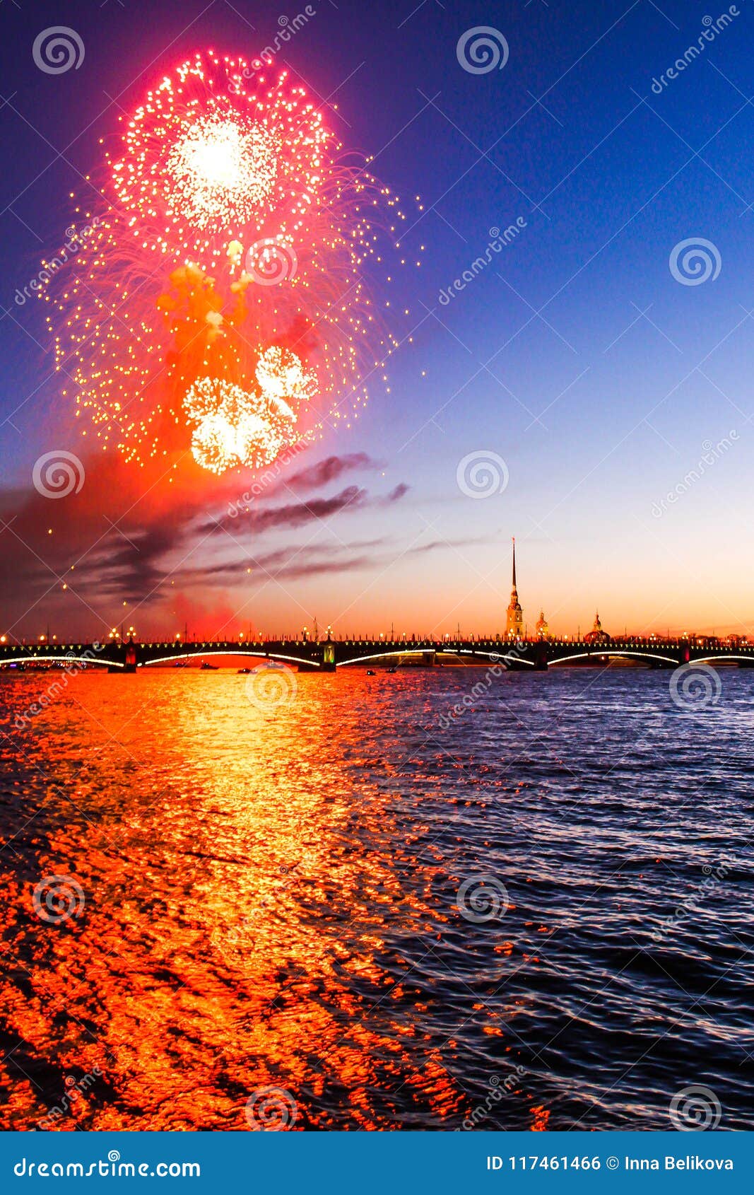 Festive Fireworks on the Waterfront at Sunset Stock Photo - Image of ...