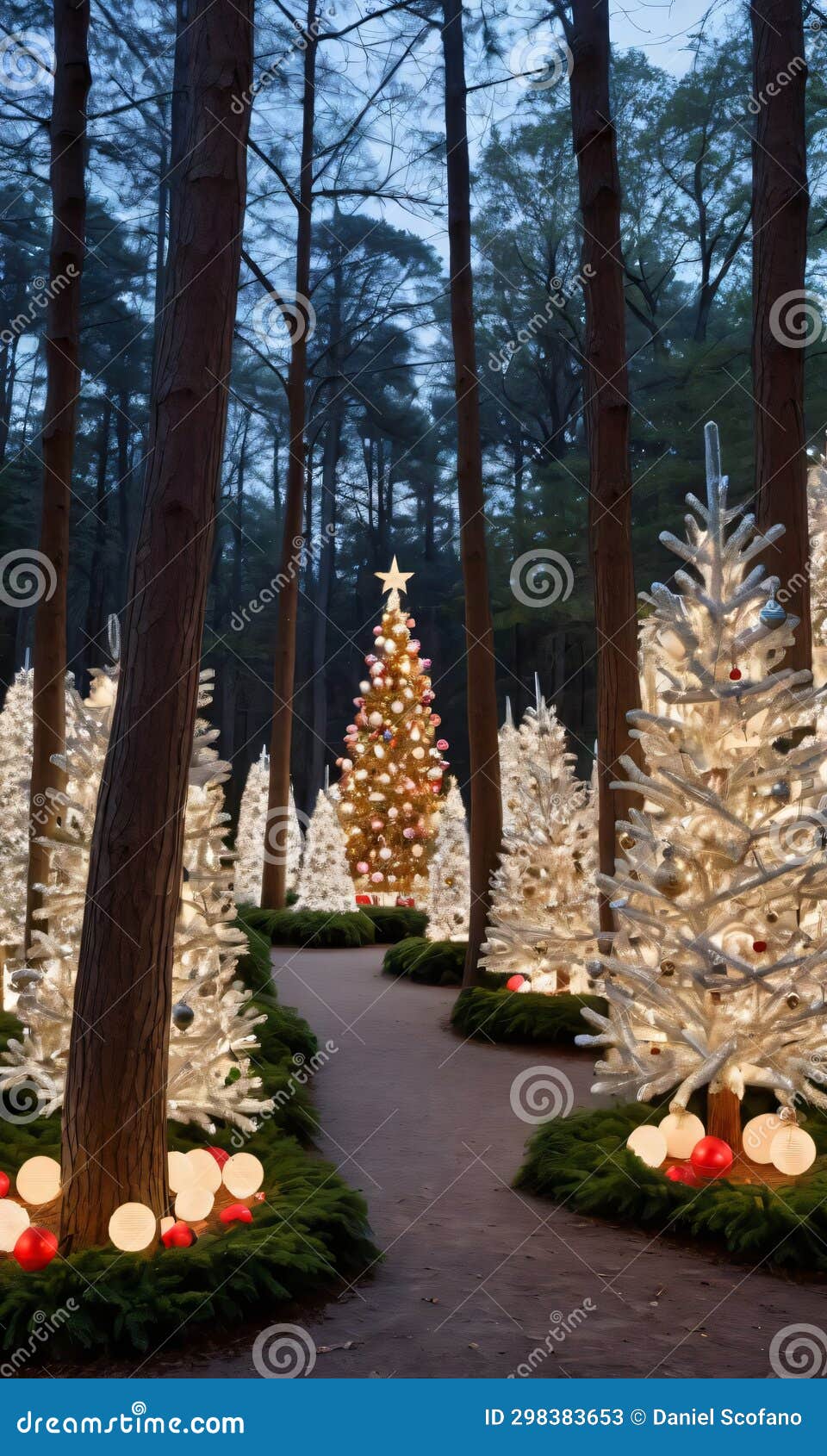 A Festive Forest with Trees Adorned with Ornaments and Lights at Dusk ...