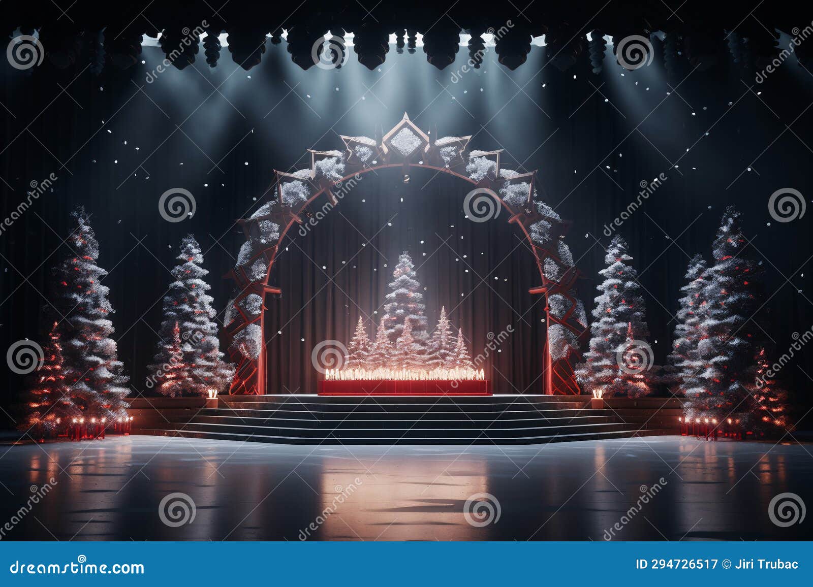 A Festive Gate with a Stage and Decorative Christmas Trees and Lighting ...