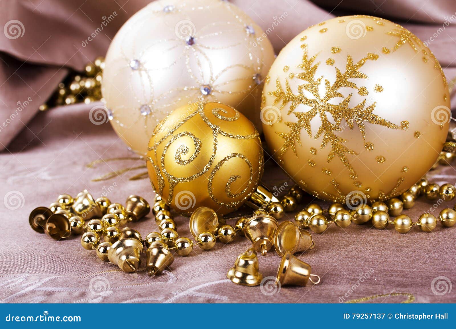 Festive Gold Christmas Decorations on Fabric Background Stock Image ...