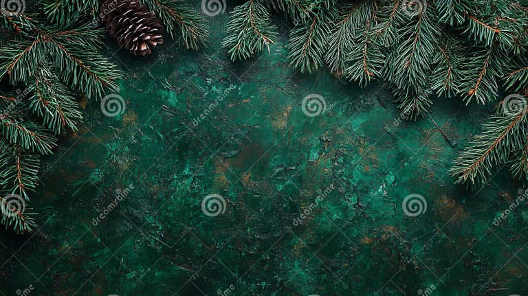 Festive Green Background with Pine Branches and Cone Stock Illustration ...