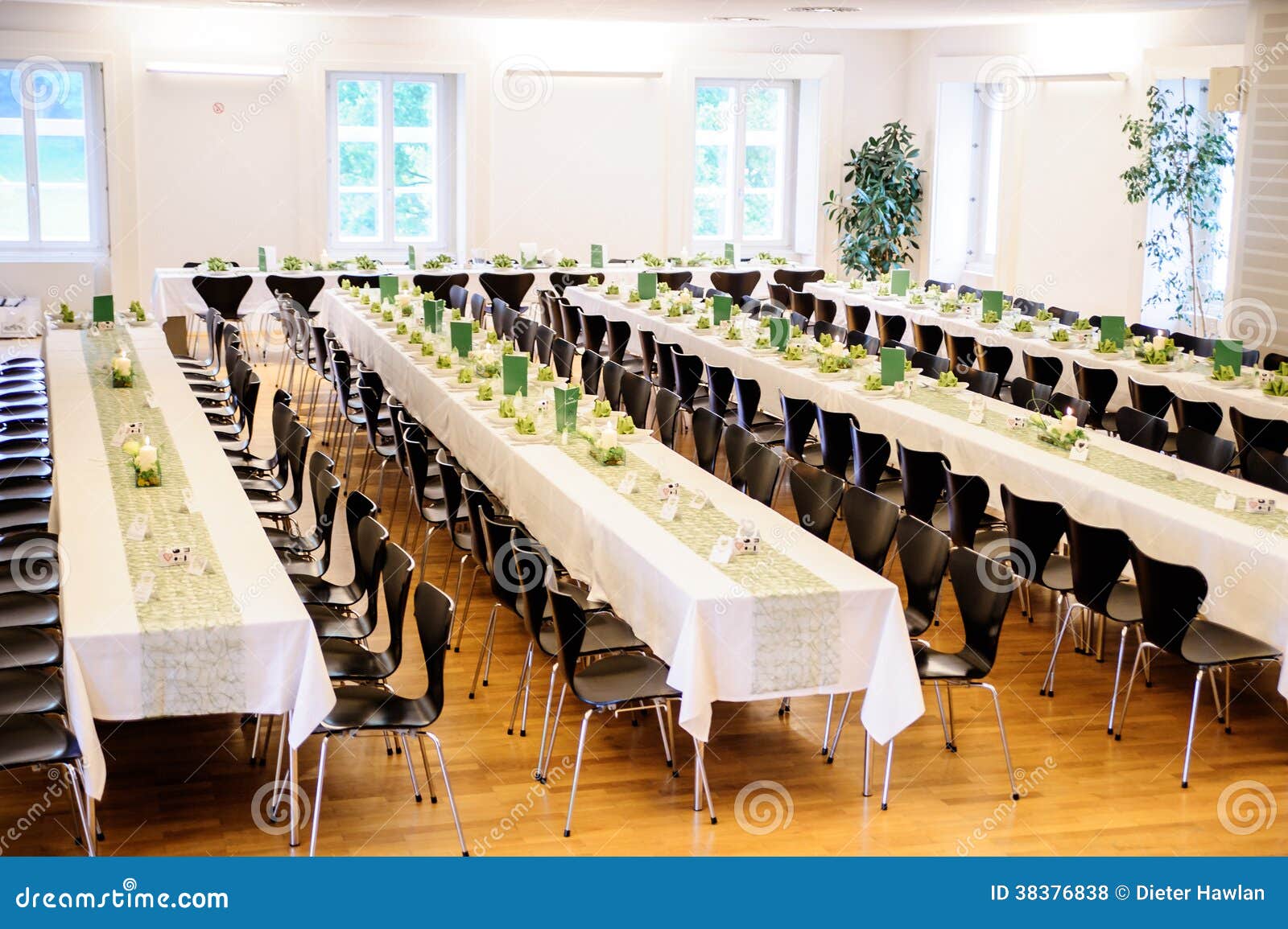 Festive Hall with Decorated Tables Stock Photo - Image of tablecloth ...