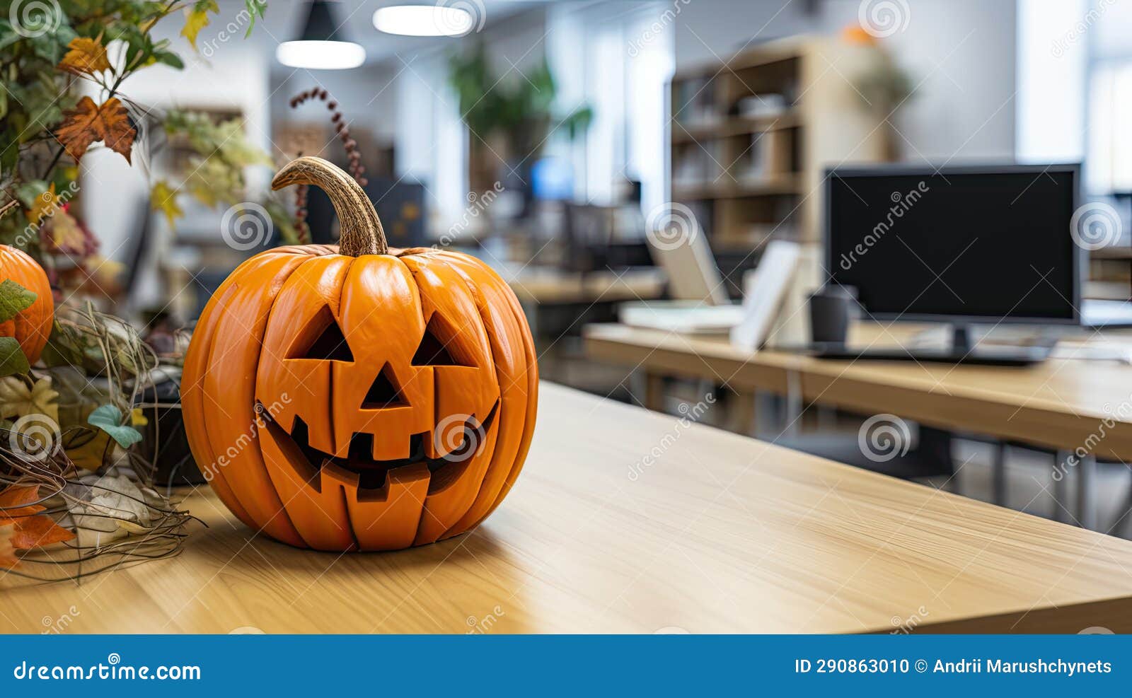 Festive Halloween Pumpkin on the Desk in the Office, Open Space in the ...