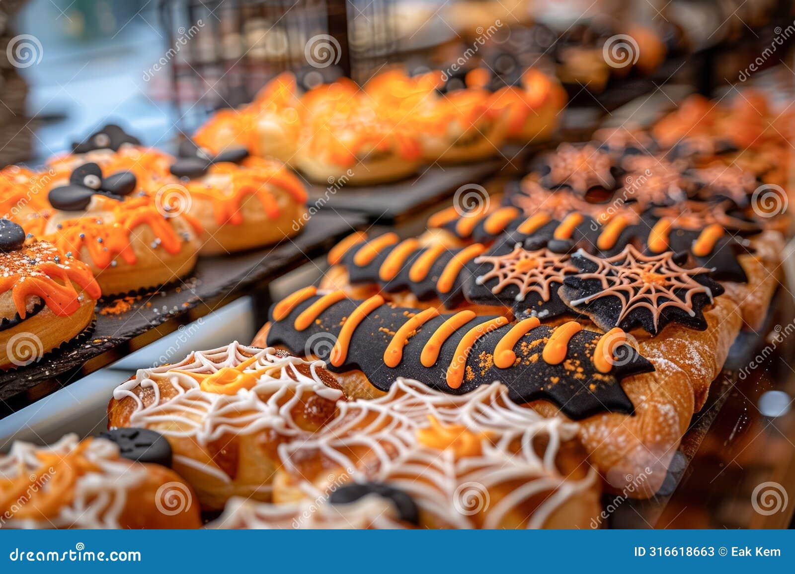 Festive Halloween Themed Pastries Displayed in Bakery Setting with ...