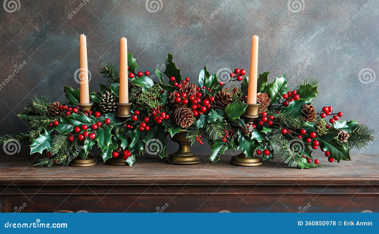 Festive Holly Centerpiece Candles Rustic Table D?cor Stock Photo ...
