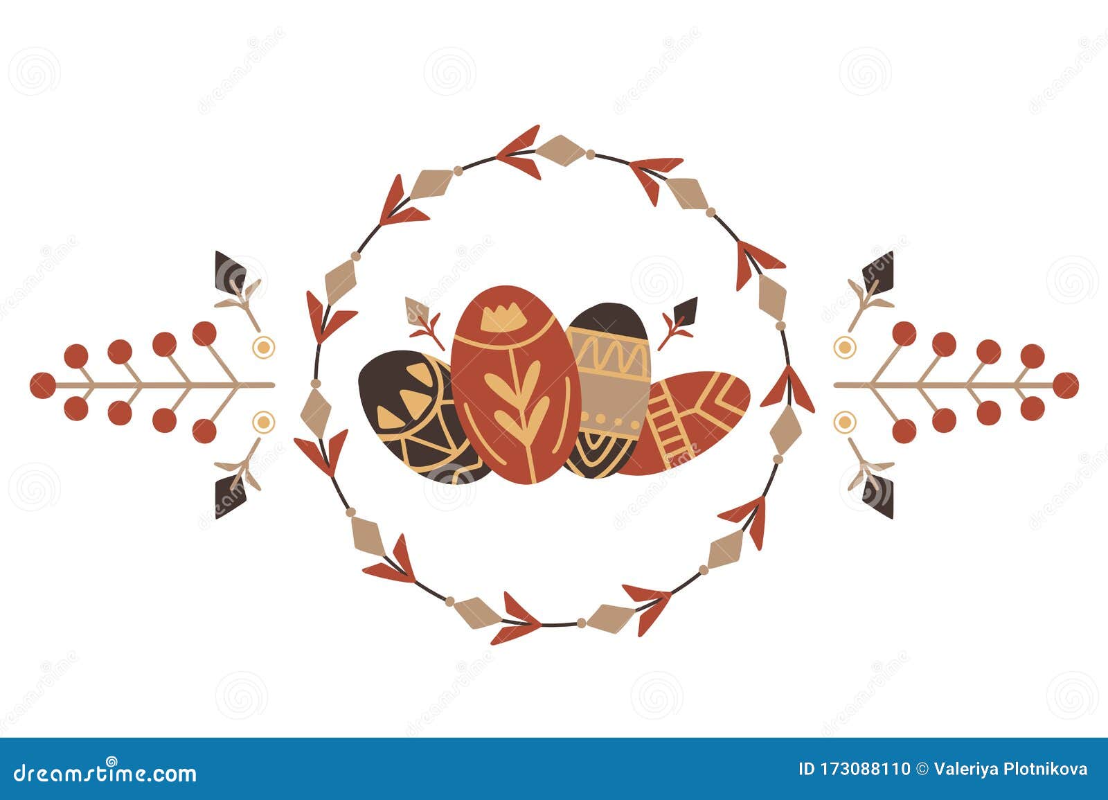 Festive Horizontal Easter Card with Eggs, Round Frame, Floral Tribal ...