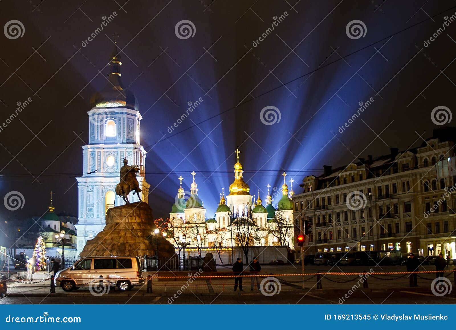 Illuminations on Sofia Square in Kyiv, Ukraine. St. Sophia Cathedral and Monument To Bogdan ...