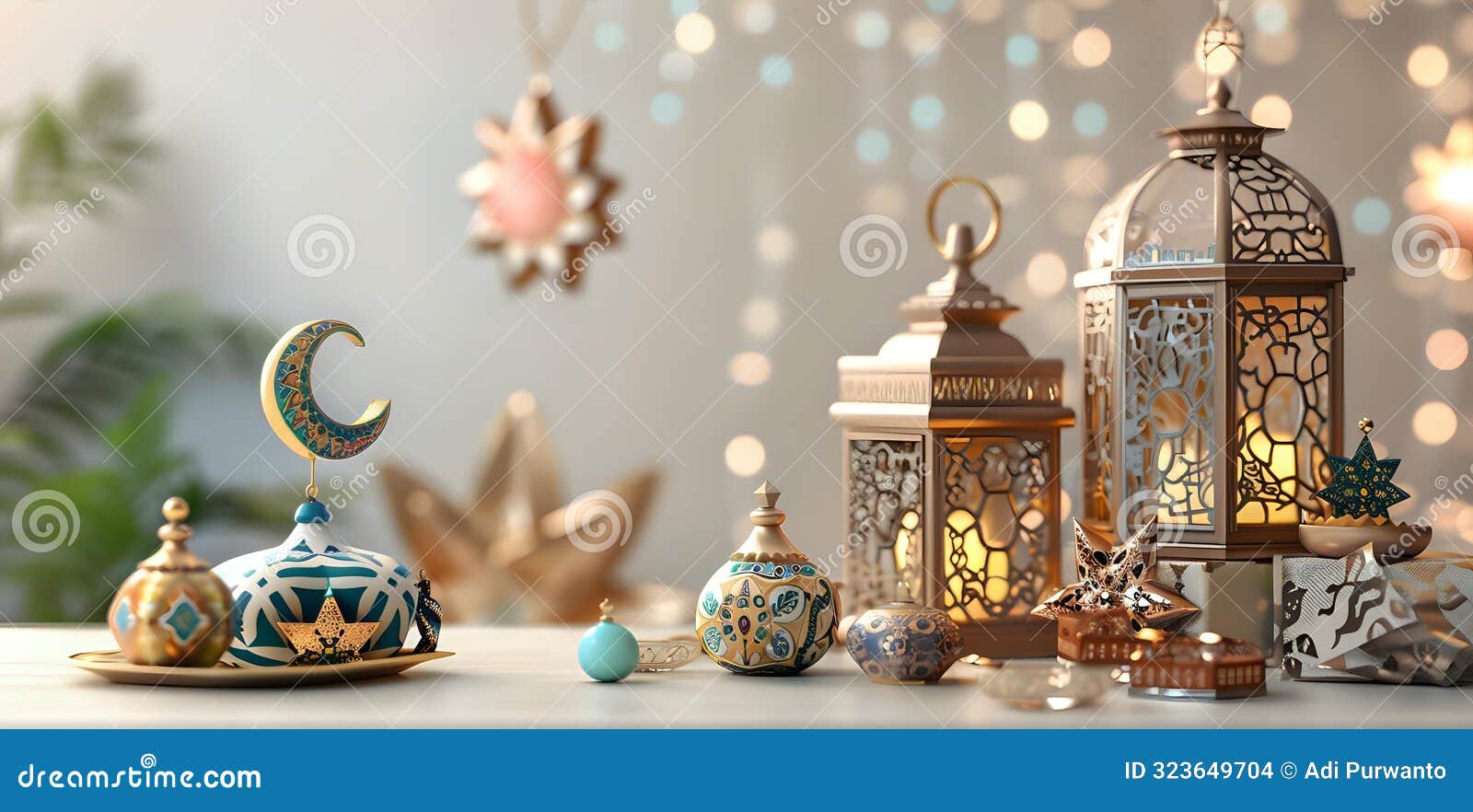 Festive Islamic Decorations on Table with Sparkling Lights Stock ...