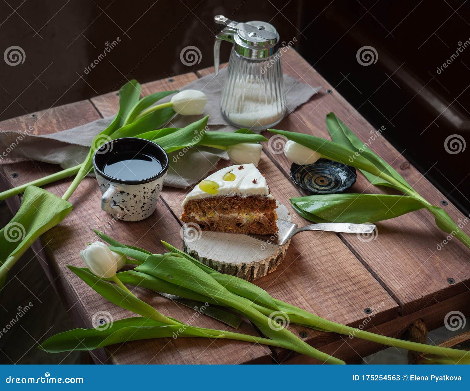 Festive Lance with Cake and White Tulips on a Wooden Table Stock Image ...