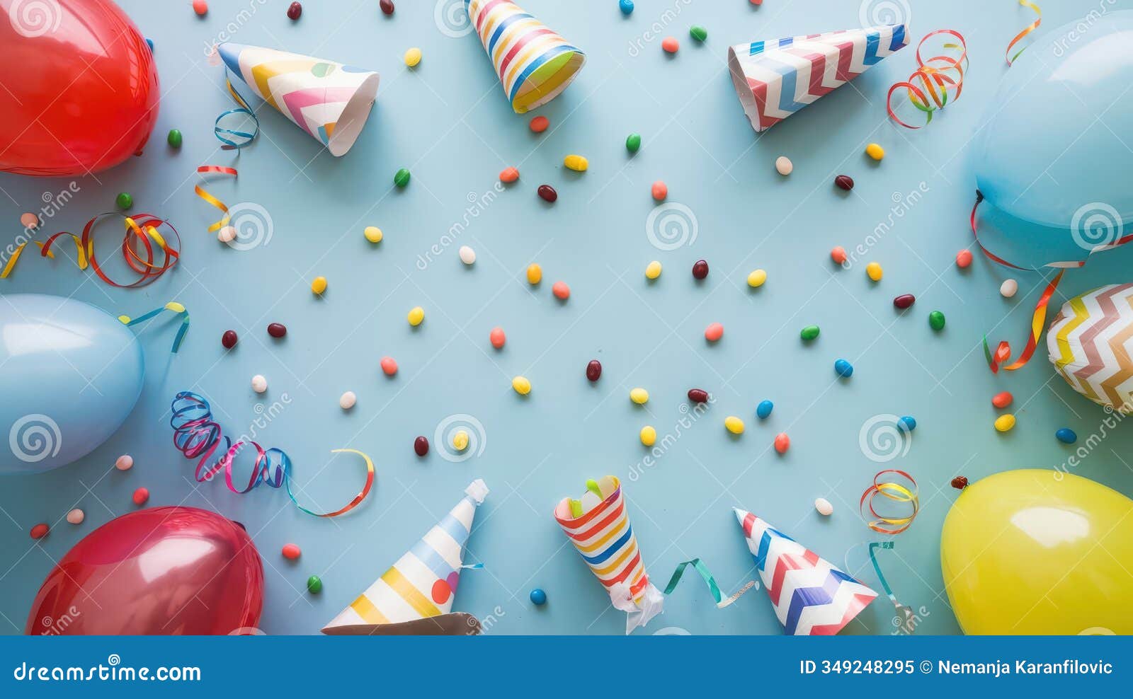Festive Layout with Colorful Confetti and Balloons on Blue Backdrop ...