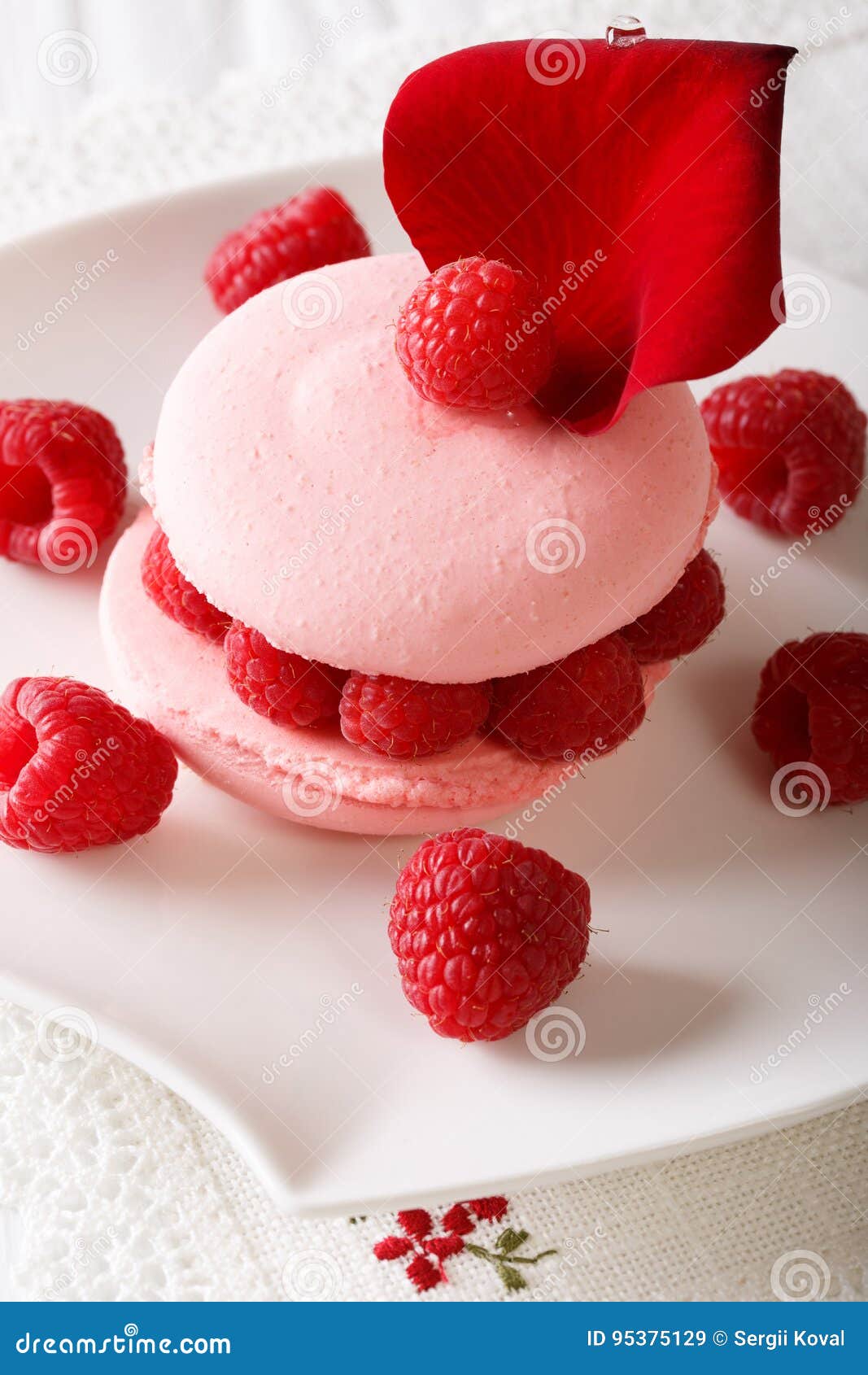 Festive Macaroon with Raspberry and Rose Petal Close-up on a Plate ...